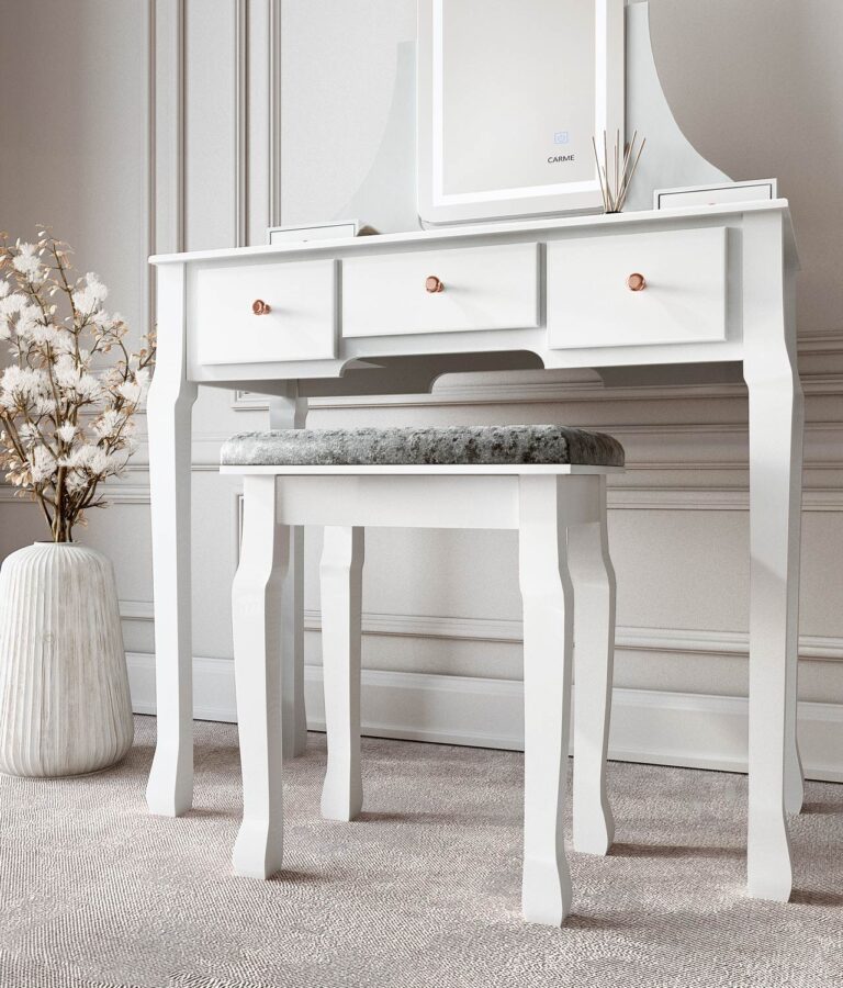 White Dressing Table With Touch LED Light Mirror Set
