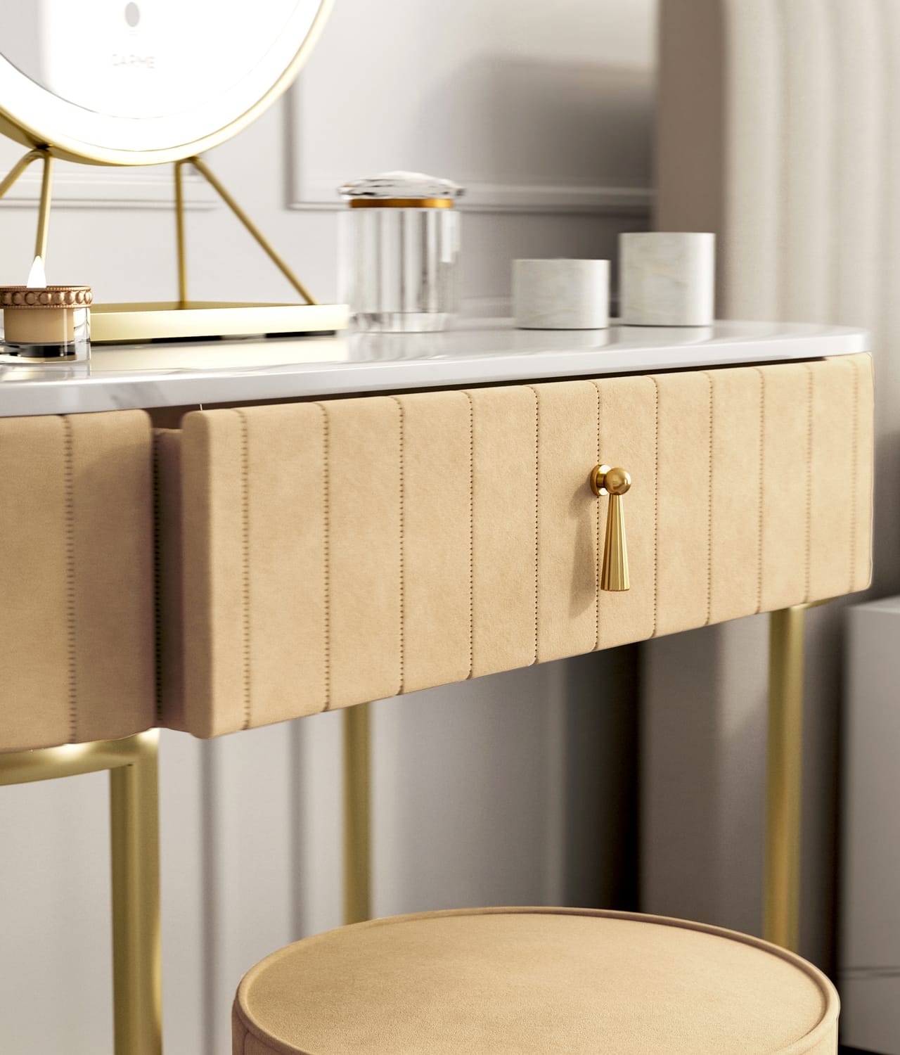 Miami Deco Cream Velvet Dressing Table With LED Touch Sensor Mirror