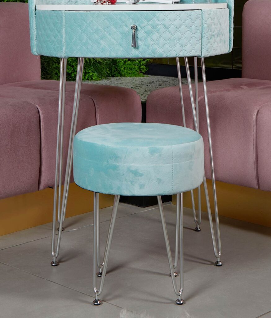 French Riviera Baby Blue Velvet Dressing Table With Velvet Stool