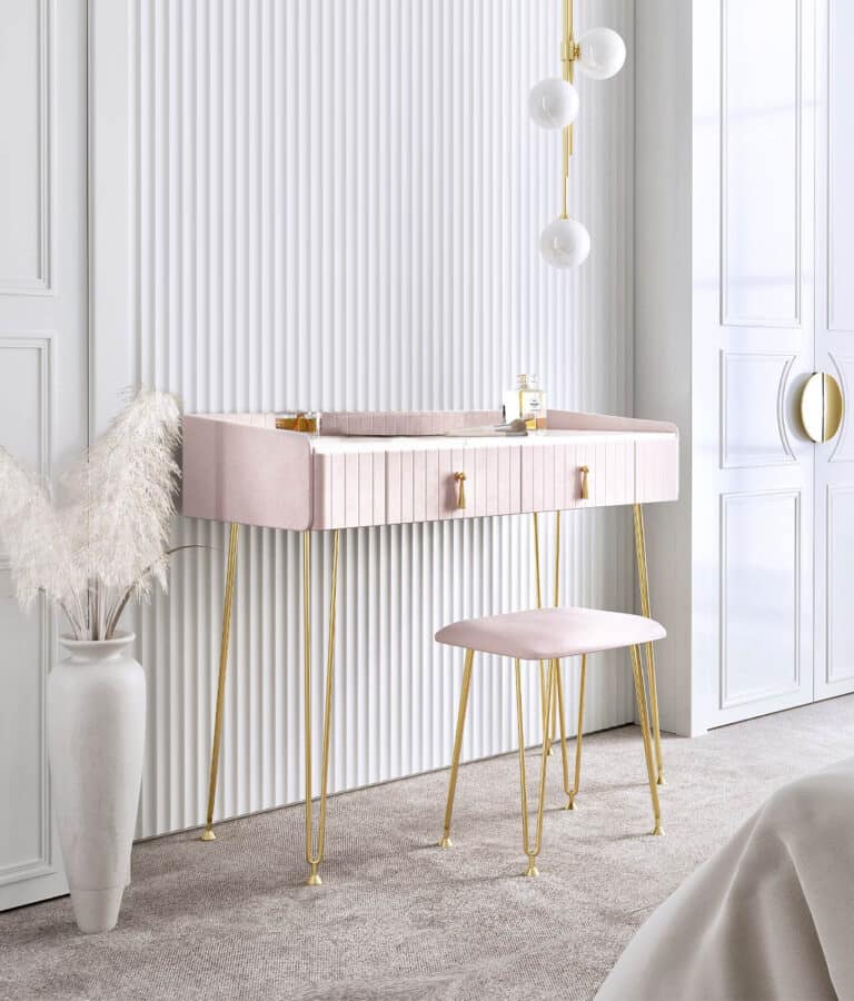 Tokyo Glow Ballerina Pink Velvet Dressing Table With Velvet Stool