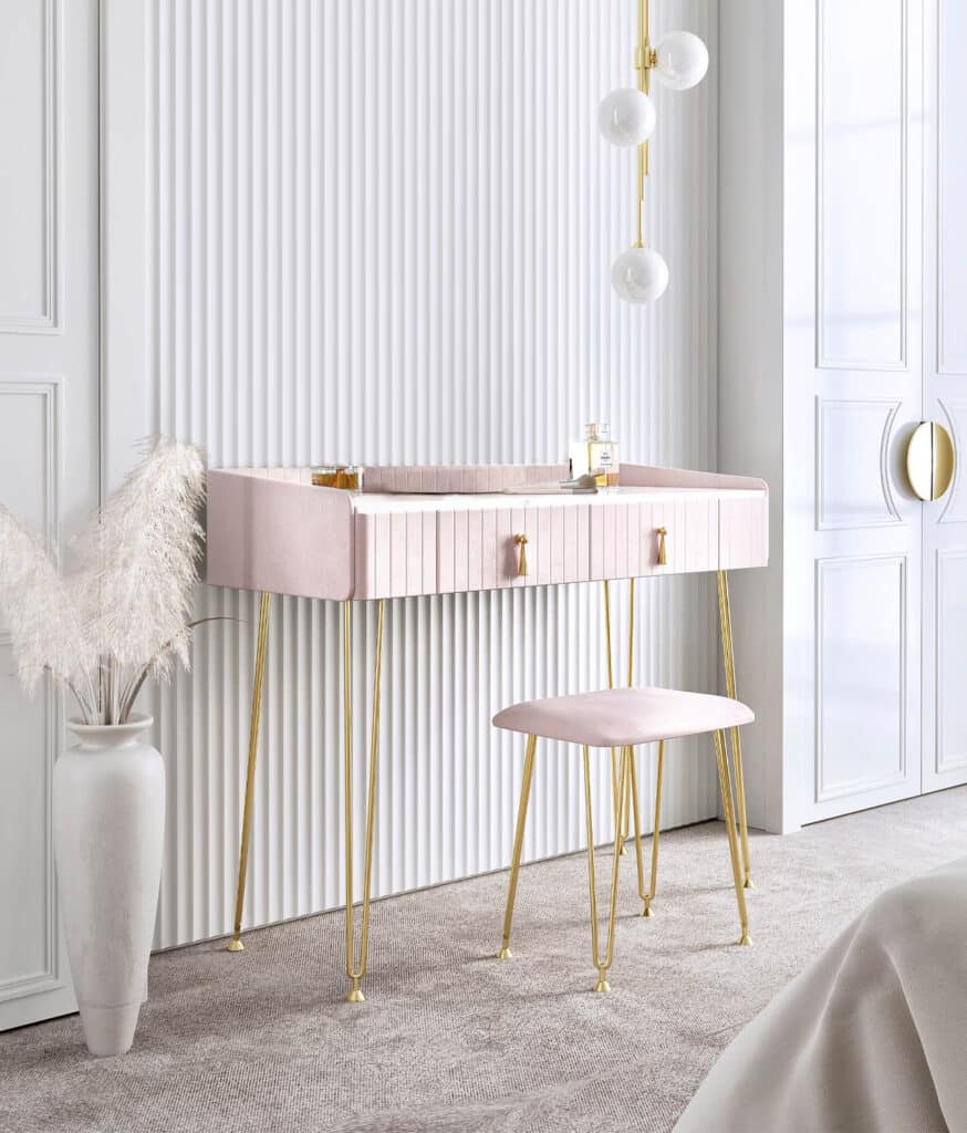 Tokyo Glow Ballerina Pink Velvet Dressing Table With Velvet Stool