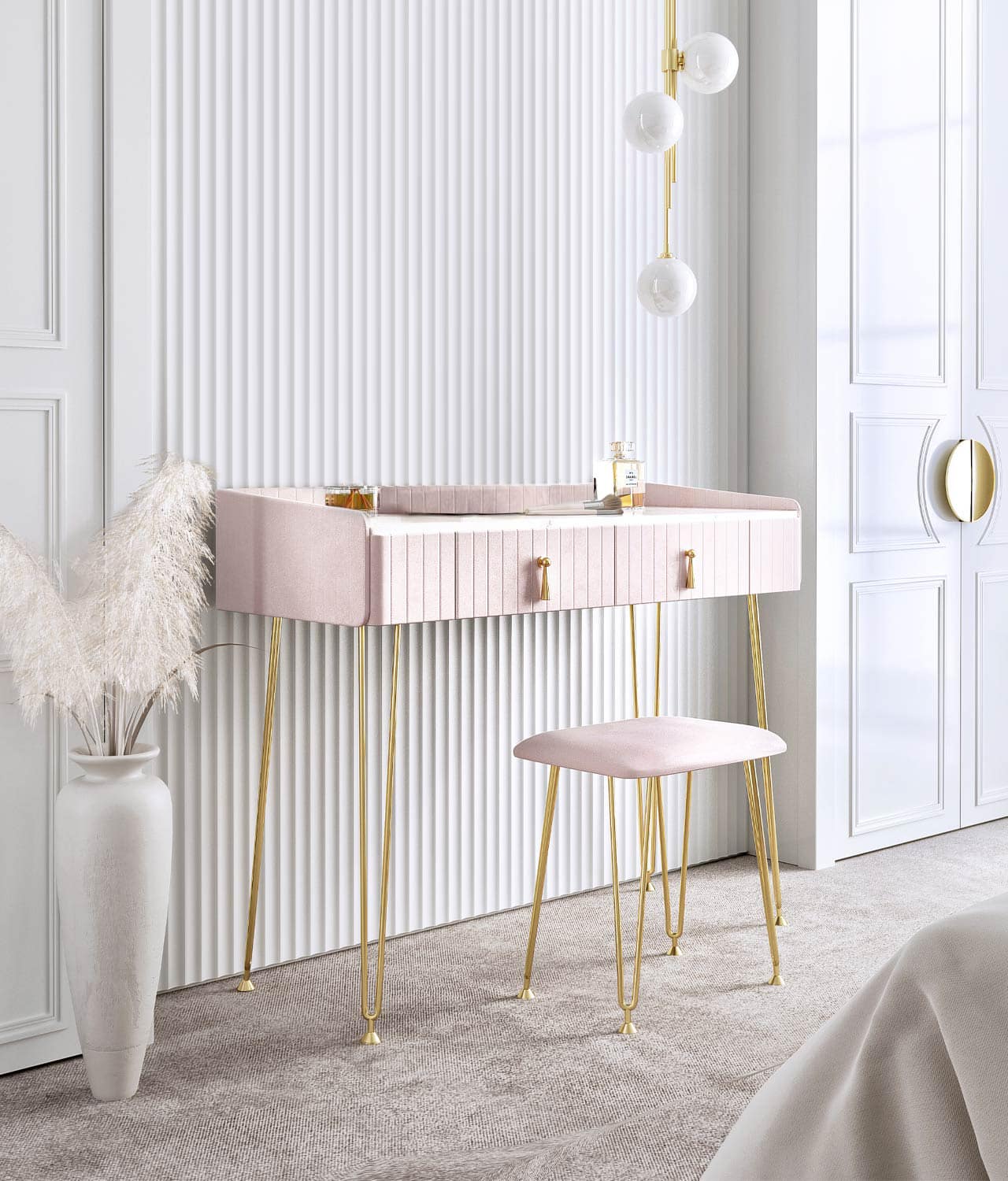 Tokyo Glow Ballerina Pink Velvet Dressing Table With Velvet Stool