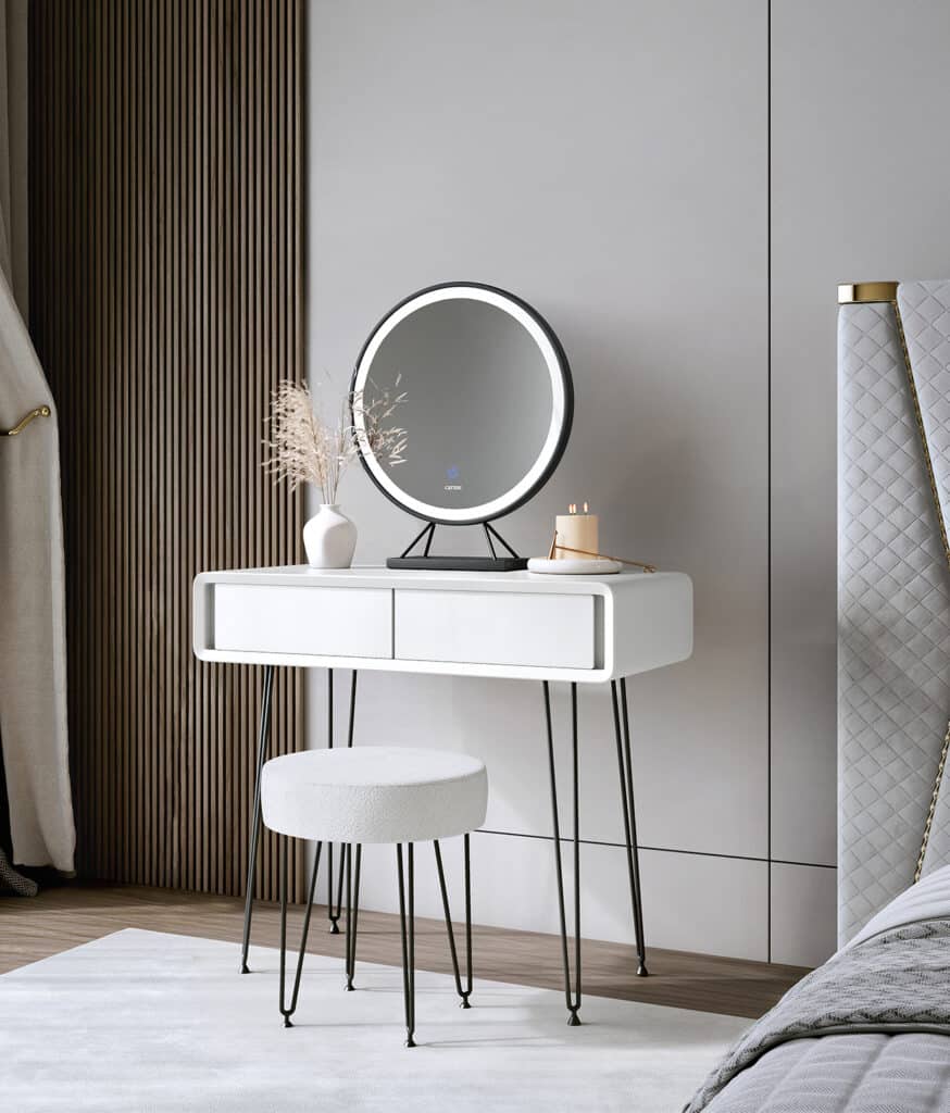 Piper White Dressing Table Set With Belle Black Mirror & Alaya Bouclé Stool