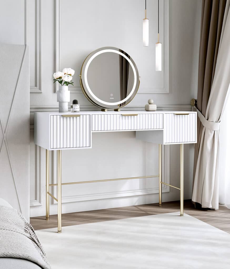 Lara White/Gold Dressing Table With Riley Gold LED Mirror