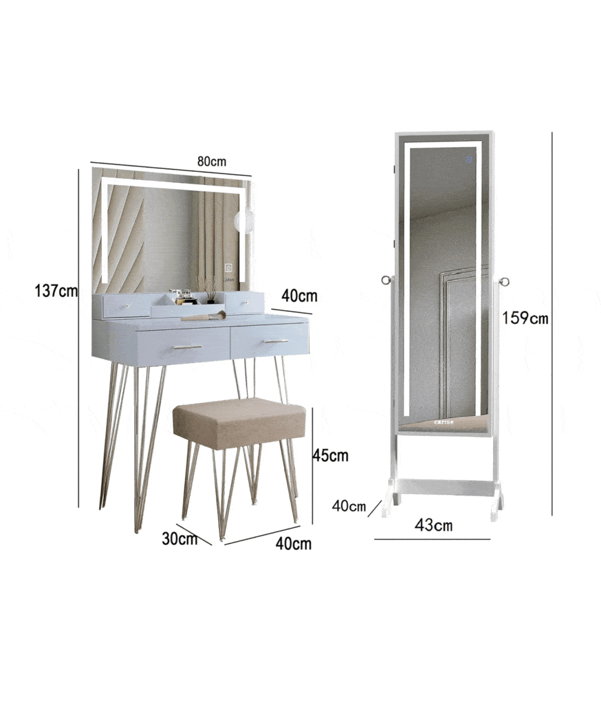 Sophia Grey LED Dressing Table & Nova White LED Mirrored Jewellery Cabinet
