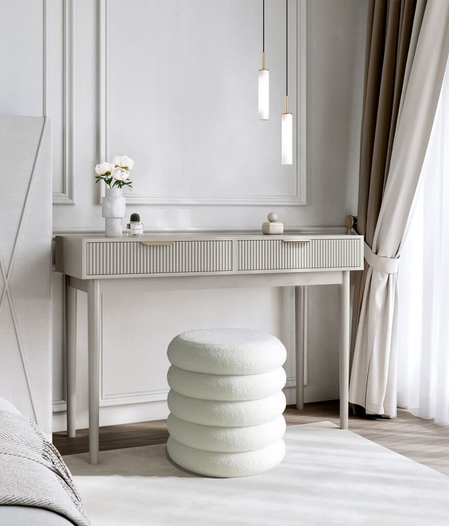 Layla Mocha Dressing Table With Daisy Ivory Teddy Fabric Storage Stool