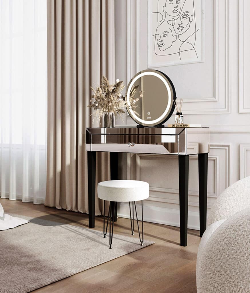 Laguna Silver Dressing Table With Zara Black LED Mirror & Alaya Bouclé ...